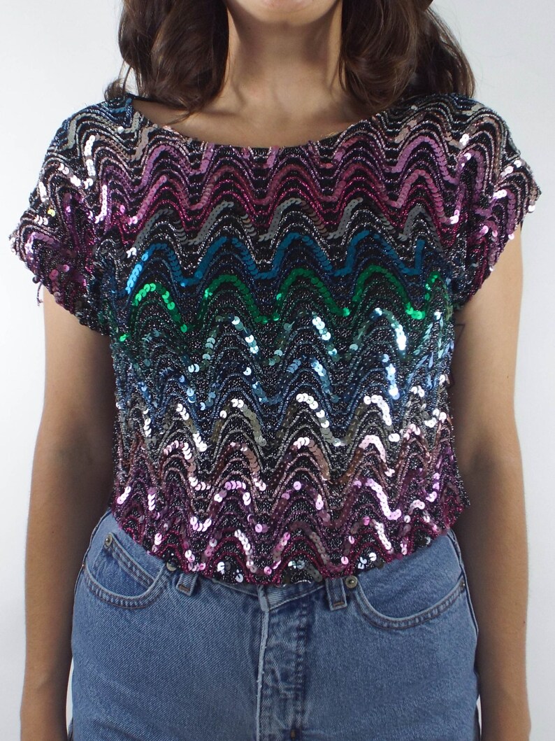 Vintage 80s Colorful Sequined Crop Top | Etsy