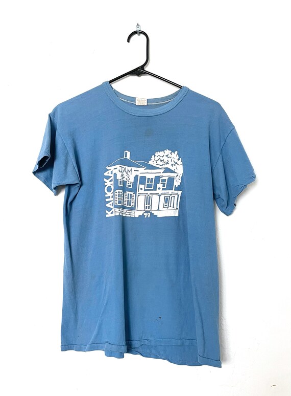 Vintage 70s Blue and White Distressed House Tee - Gem