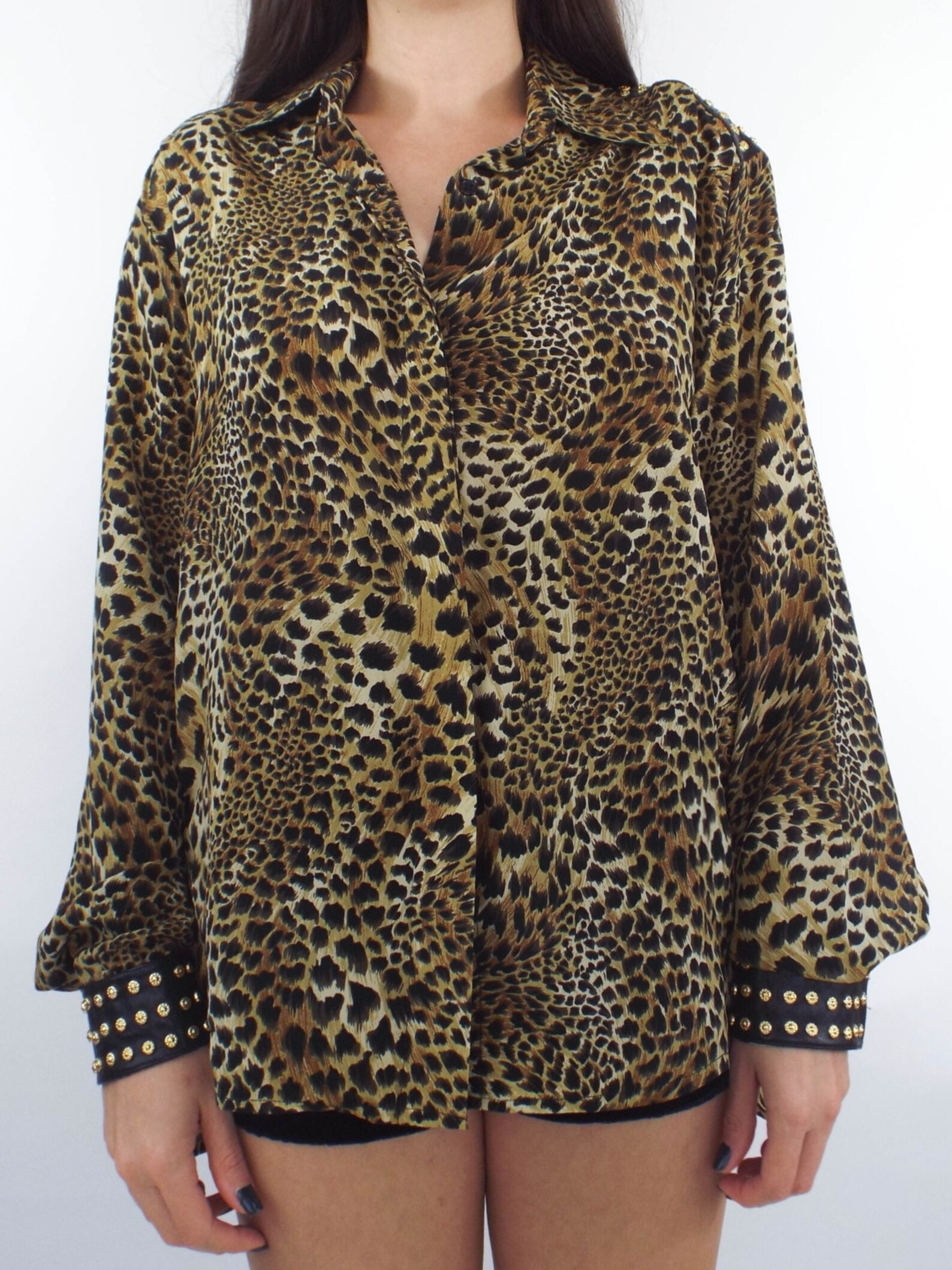 Vintage Silk and Leather Leopard Print Studded Button Down - Etsy