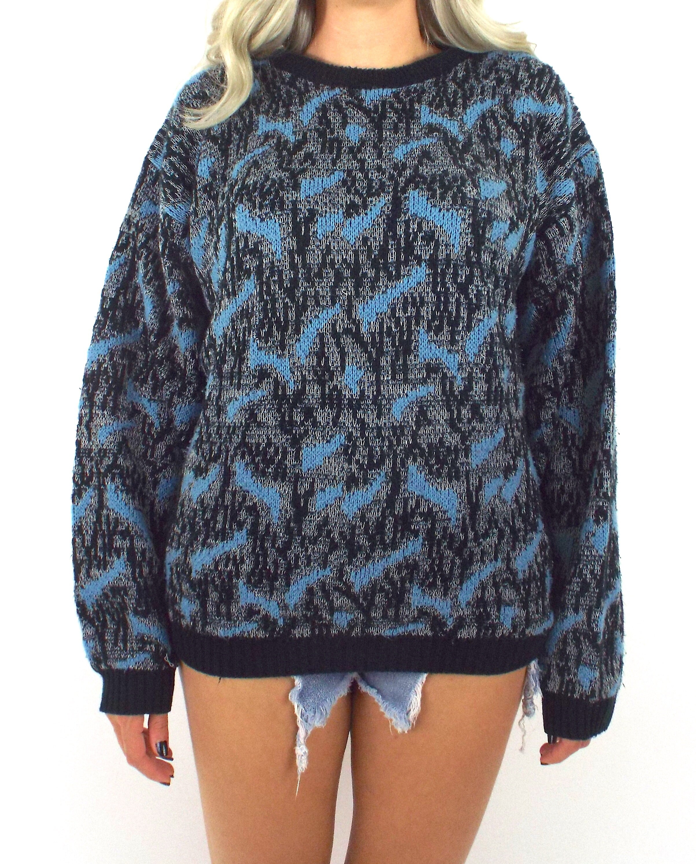 Vintage 80s Cozy Oversized Black and Blue Graphic Sweater - Etsy