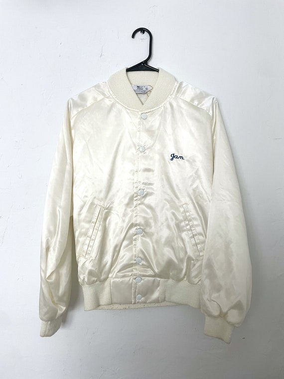 Vintage 70s Rainbow Design White Satin Bomber Jacket - Gem