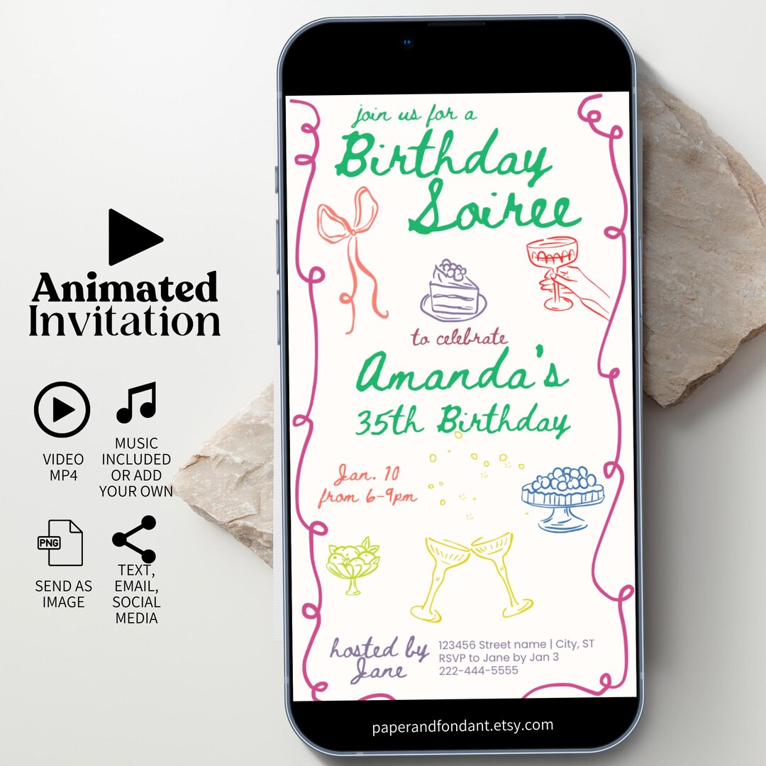 Whimsical Animated Birthday Soiree Video Invitation With Music,hand ...