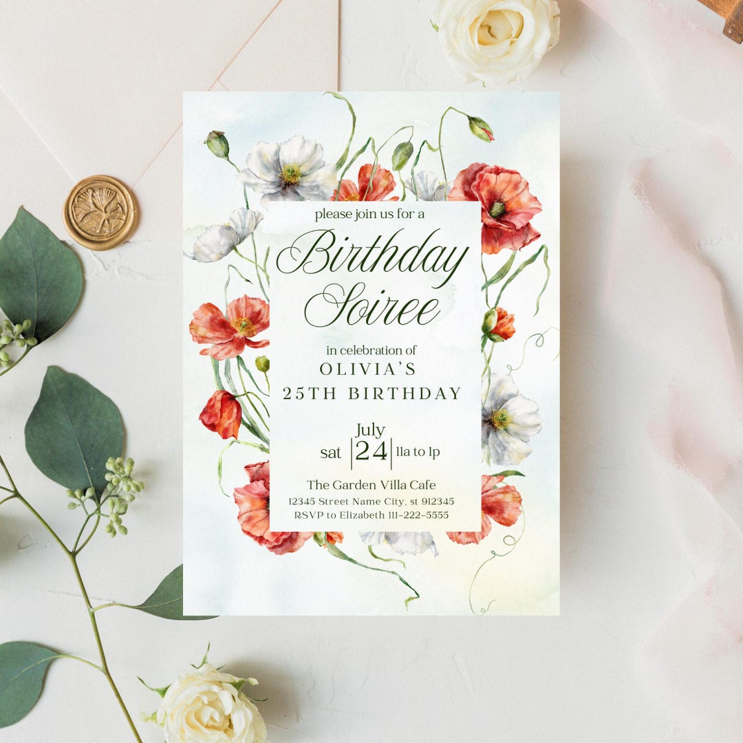 Red Poppy Birthday Invitation | Modern Floral Border | Elegant Script ...