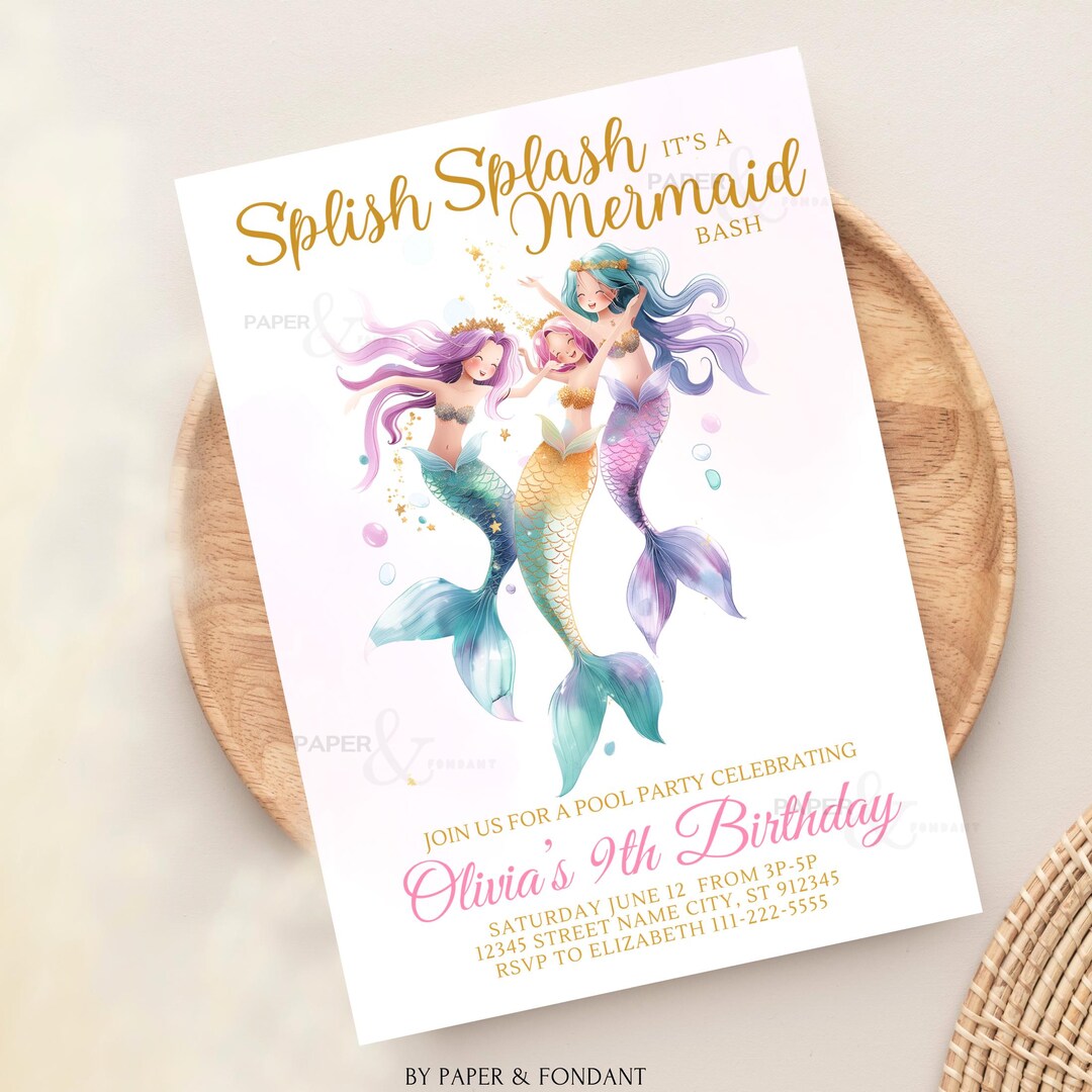 Splish Splash It's a Mermaid Bash, 5x7 Pool Party Invitation, Any Age ...