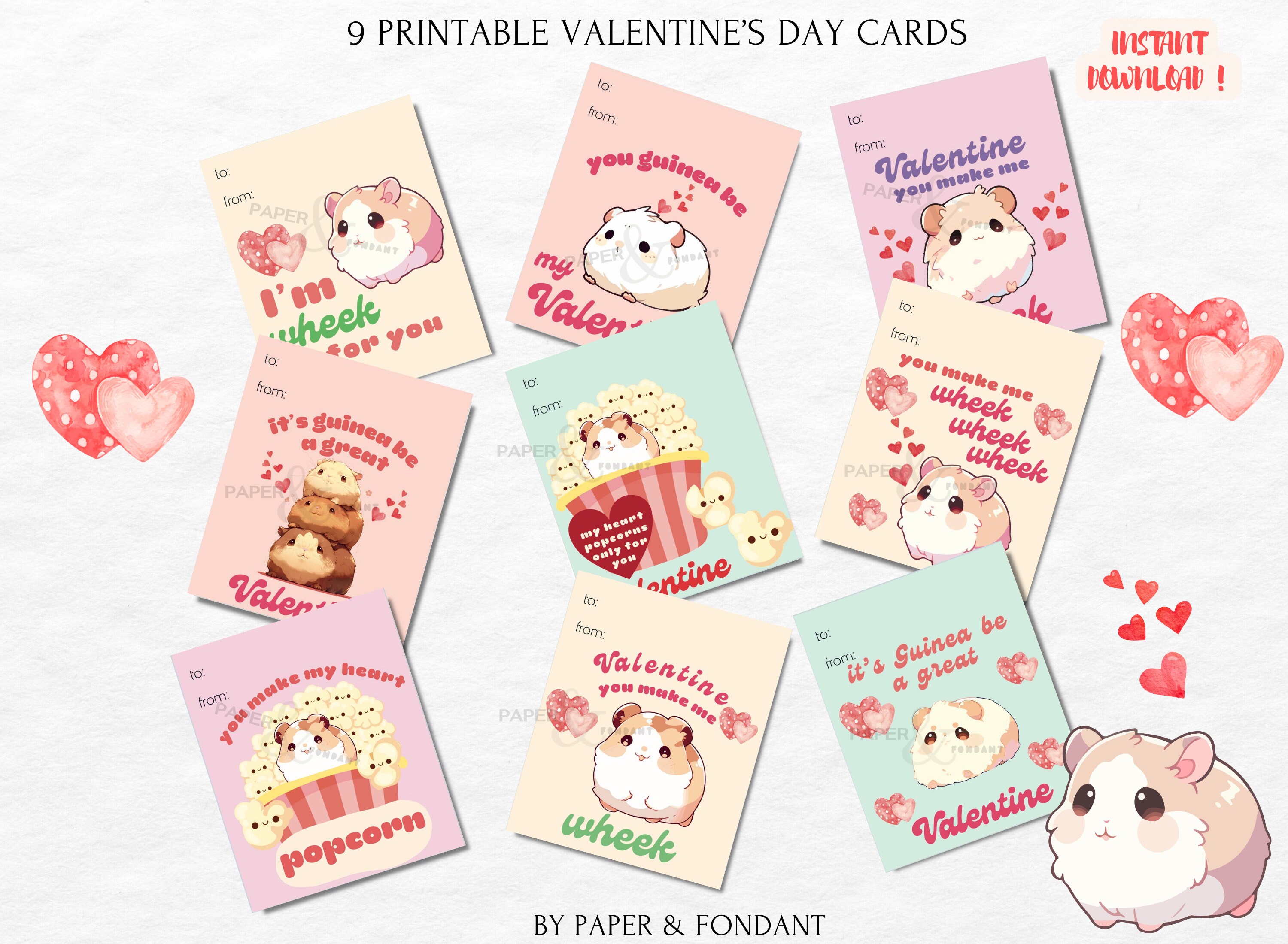 Kawaii Guinea Pig Valentine Day Card for Kids, School Valentine ...