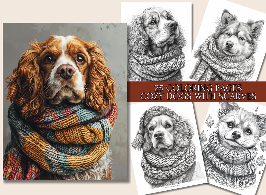 Cozy Dogs in Scarves Coloring Pages Bundle for Adults and Kids, Winter ...
