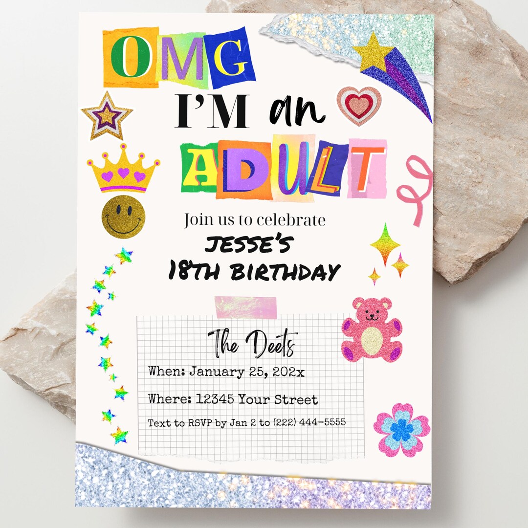18th Birthday Party 5x7 Invitation Template ,OMG I'm an Adult Invite ...