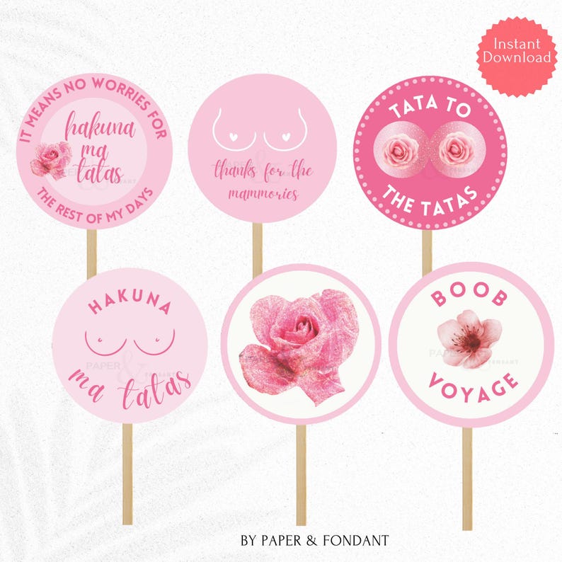 Mastectomy 2 Inch Cupcake Toppers, Pink, Surgery Party, 12 Tags, Cancer ...
