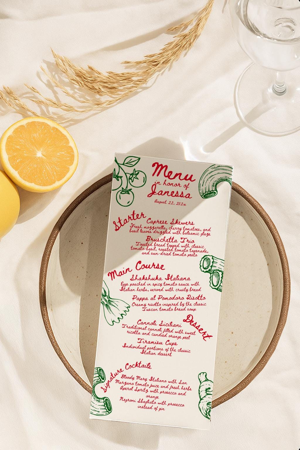EDITABLE Pasta Party 4x9 Menu Template, Al Dente Italian Theme, Italian ...