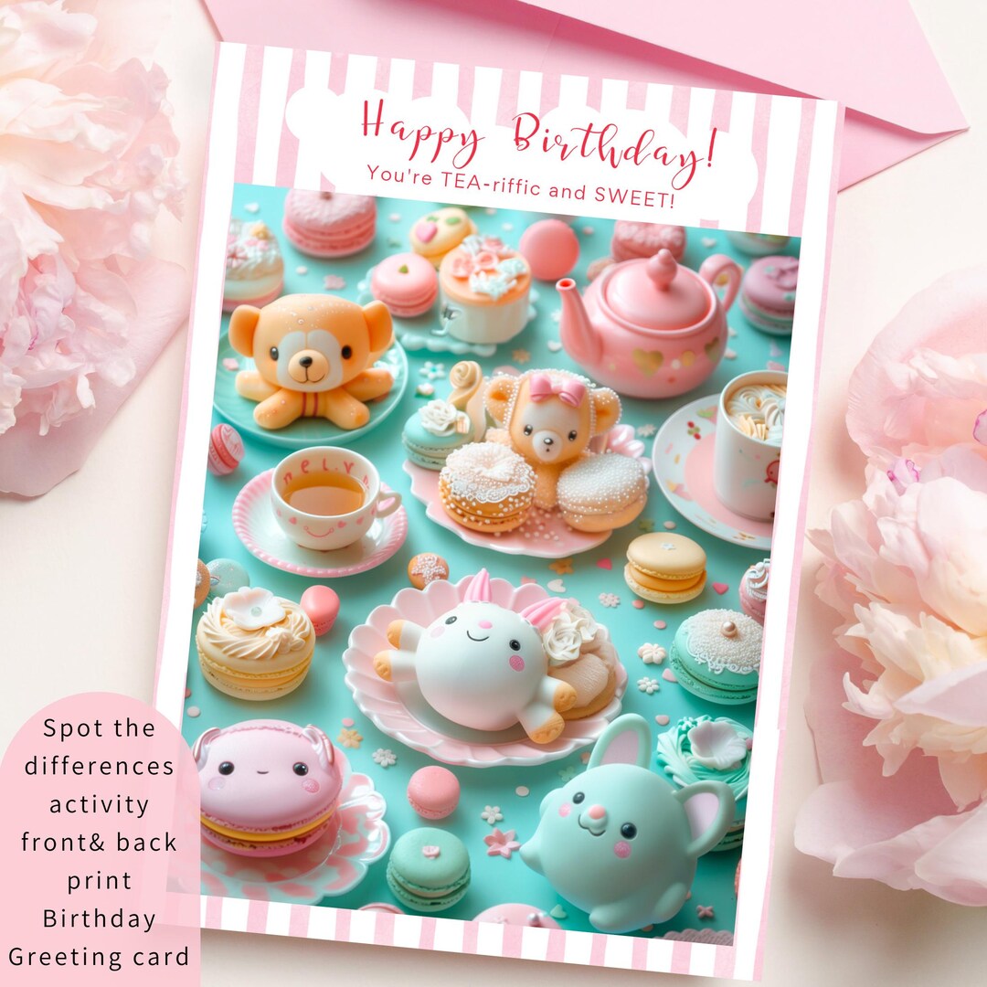 Kawaii Tea Party Spot-the-differences Birthday Card, Cute Yume Kawaii ...