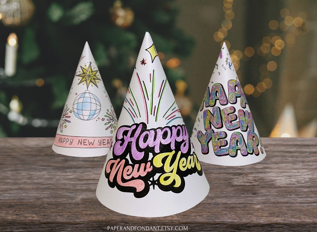 New Years Eve Printable Kid's Party Hats, 3 Unique Designs, Coloring ...