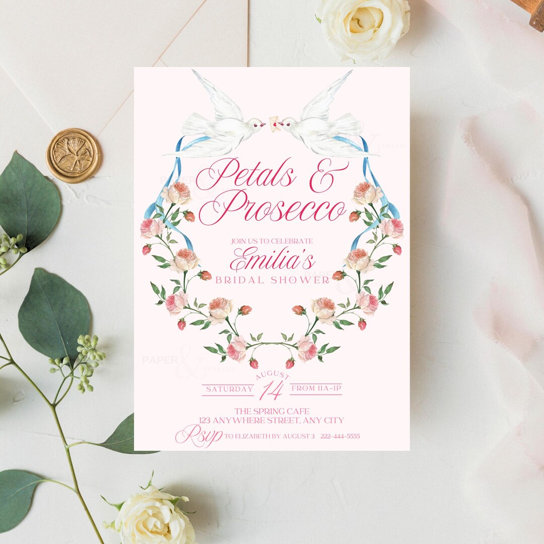 Vintage Rose Petals and Prosecco Bridal Shower Invite, 5x7 Editable ...