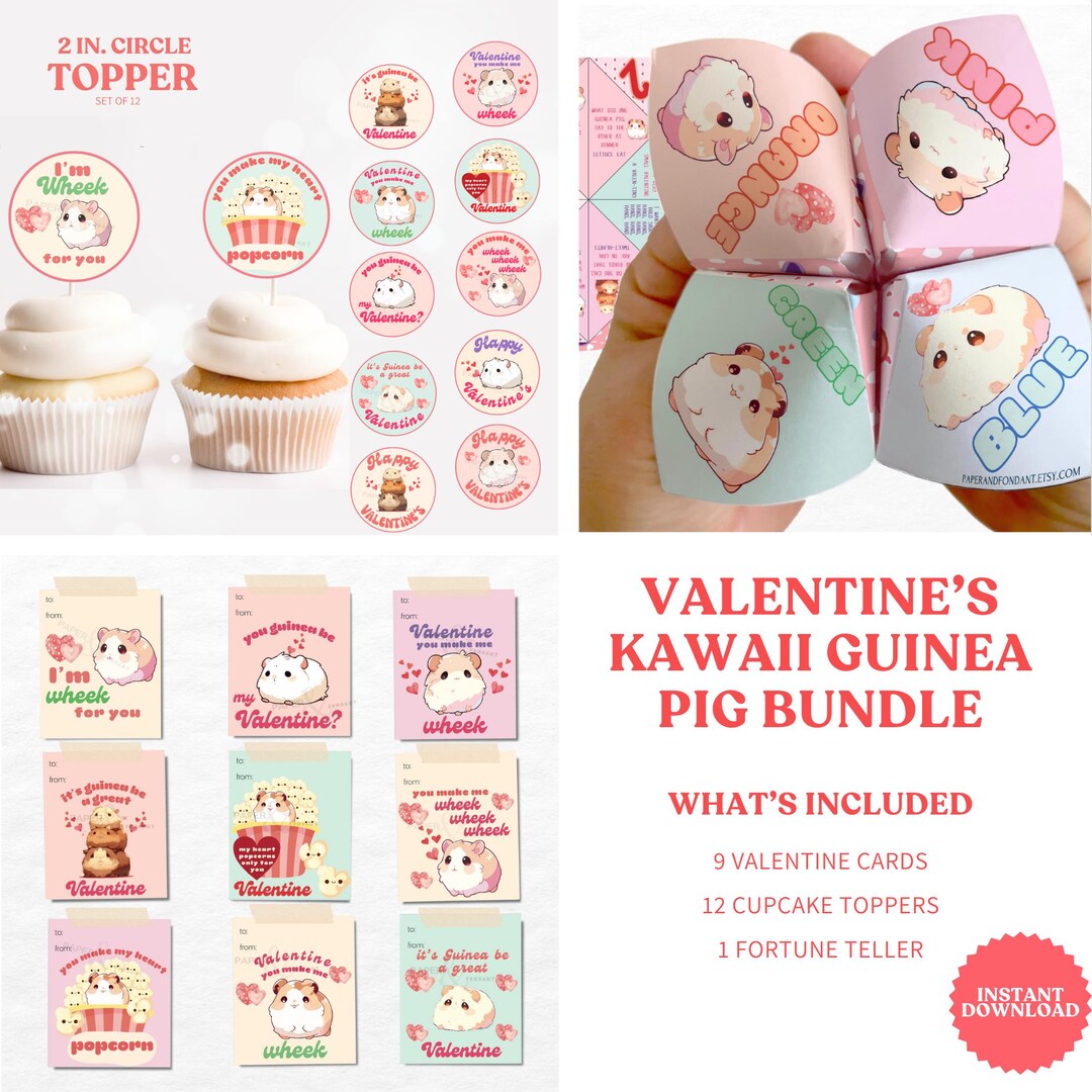 Guinea Pig Valentine BUNDLE , Kids Valentine Card, Cupcake Topper ...