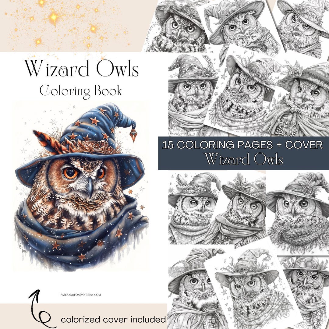 Wizard Owl Realistic Coloring Pages for Adults Kids, Grayscale Coloring ...