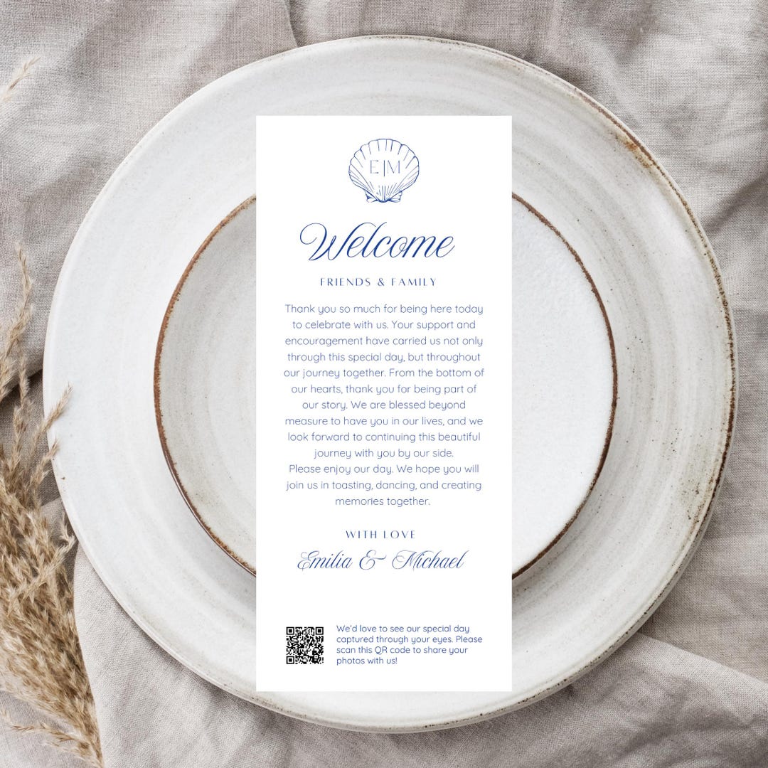Elegant Coastal Shell Welcome Thank You Card, QR Code, 4x9 Template ...