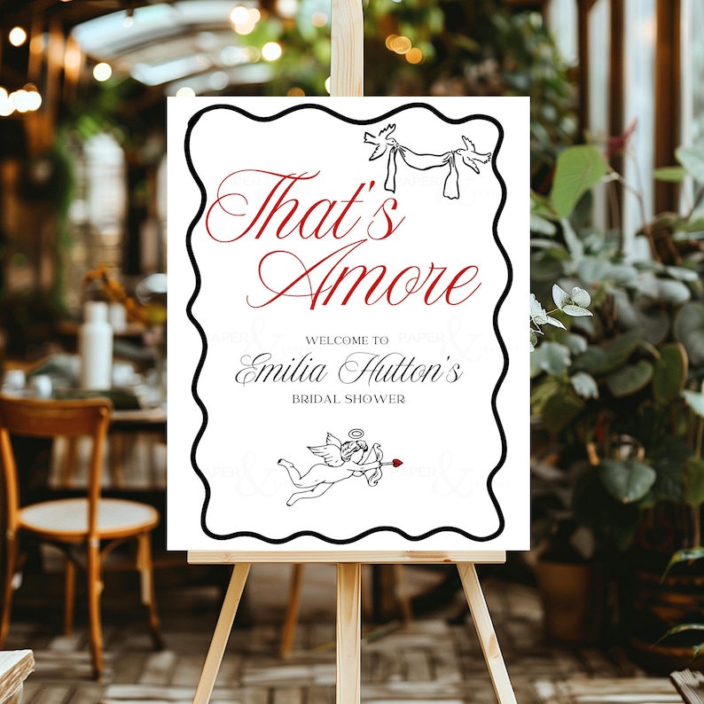 That's Amore Welcome Sign, Bridal Shower Party, Hand Drawn Cupid Doves ...