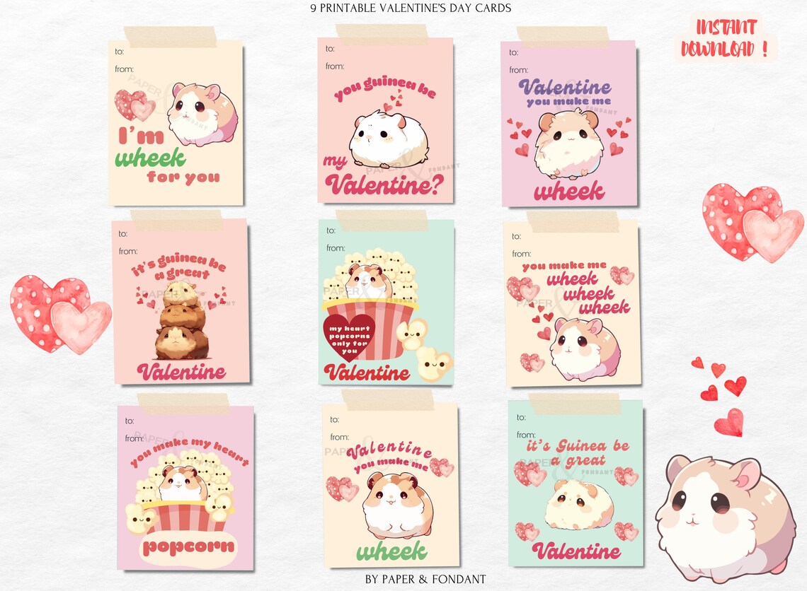 Kawaii Guinea Pig Valentine Day Card for Kids, School Valentine ...