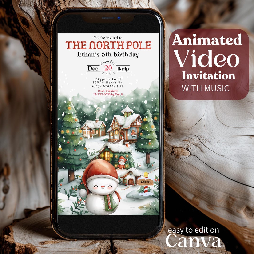 North Pole Animated Kids Birthday Video Invitation With Music, Snowman ...
