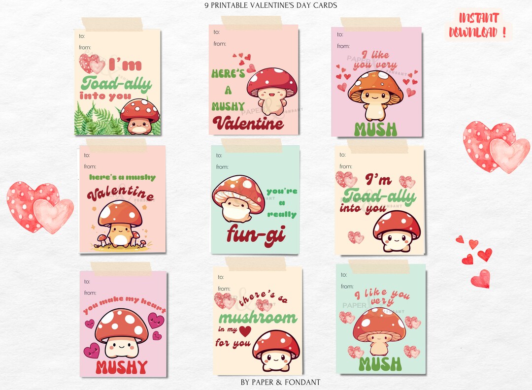 Kawaii Mushroom Kids Valentine's Day Card, Punny Card Funghi, Classroom ...