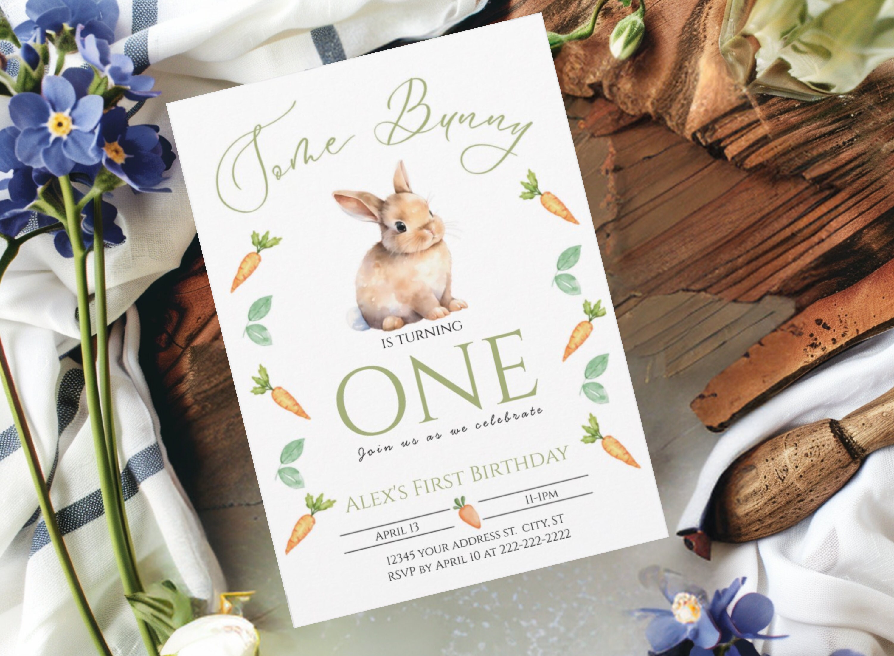 Some Bunny Editable Invitation 5x7 Template, 1st First Birthday Rabbit ...