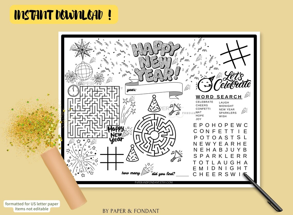 New Years Eve Printable Placemat Activity Sheet, Tic Tac Toe, Maze ...