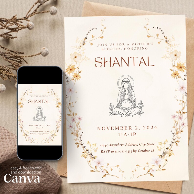 Minimalist Pregnancy Blessing 5x7 Invitation With Autumn Wildflowers ...