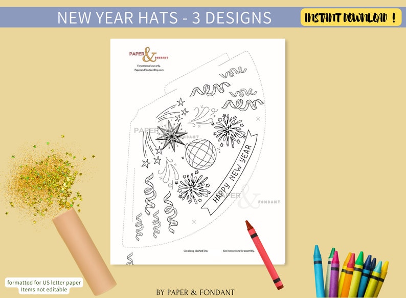 New Years Eve Printable Kid's Party Hats, 3 Unique Designs, Coloring ...