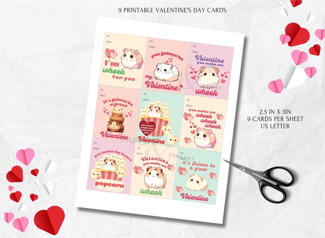 Kawaii Guinea Pig Valentine Day Card for Kids, School Valentine ...