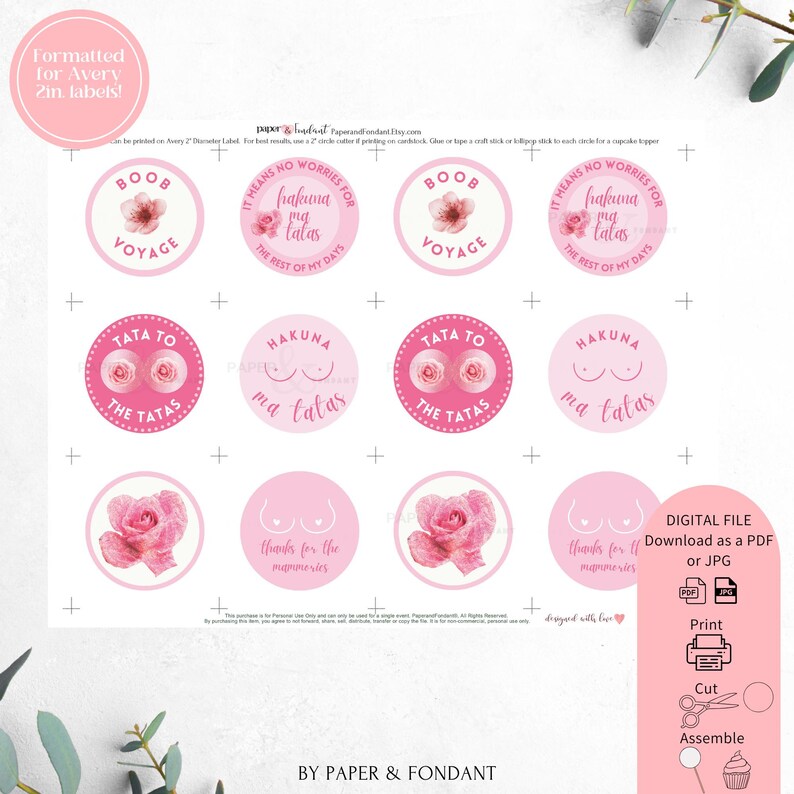 Mastectomy 2 Inch Cupcake Toppers, Pink, Surgery Party, 12 Tags, Cancer ...