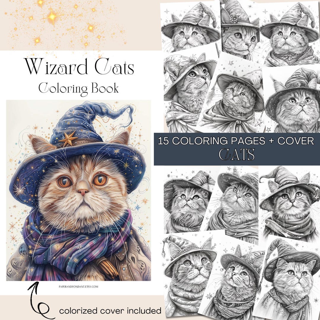 Wizard Cats Realistic Coloring Pages for Adults Kids, Kitty Grayscale ...