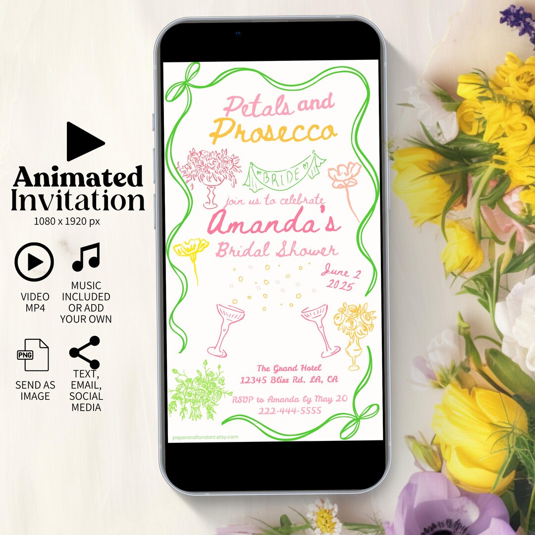 Whimsical Petals and Prosecco Bridal Shower Animated Video Invitation ...
