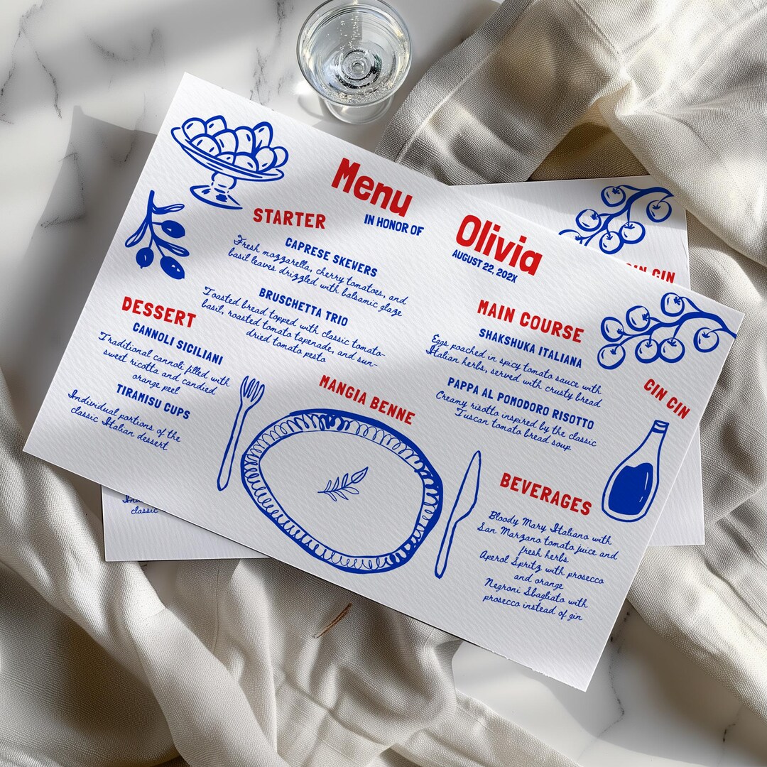 Modern Italian Theme Placemat, Editable 12x18 Menu Template, Retro Hand ...