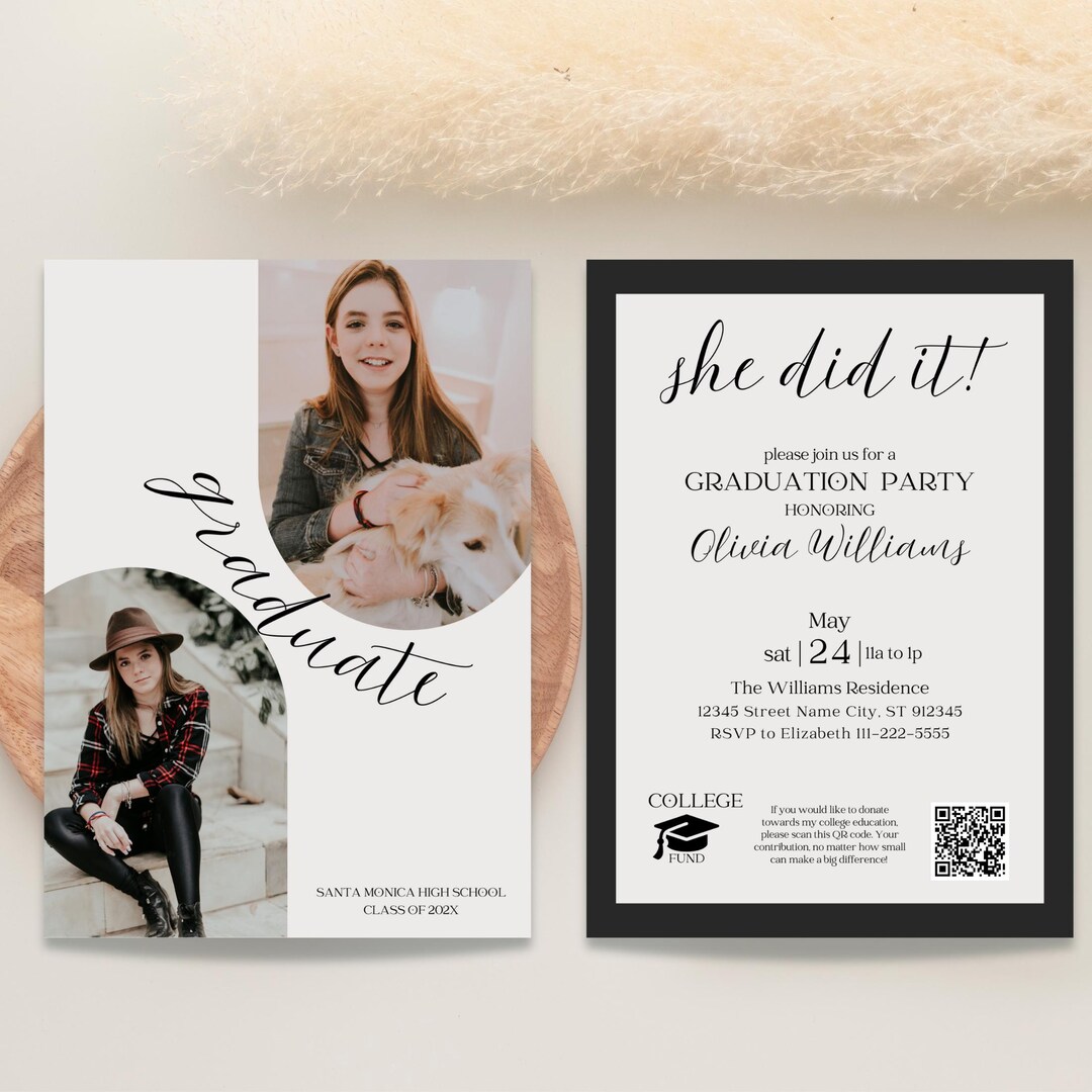 Boho Graduation Announcement Invite | 2 Photo Card With College Fund QR ...