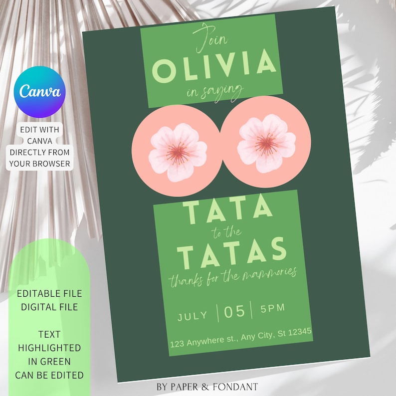 Mastectomy 5x7 Invitation, Boho Tata to the Tatas Green Breast Surgery ...
