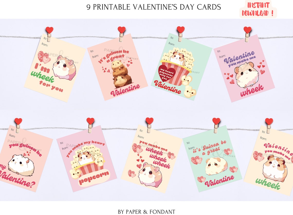 Kawaii Guinea Pig Valentine Day Card for Kids, School Valentine ...