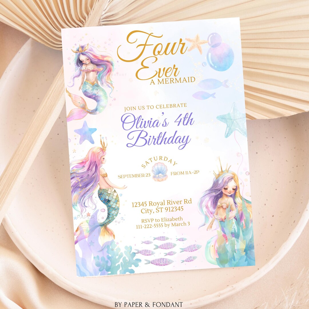 Four-ever a Mermaid, 4th Birthday Party 5x7 Invitation,magical ...