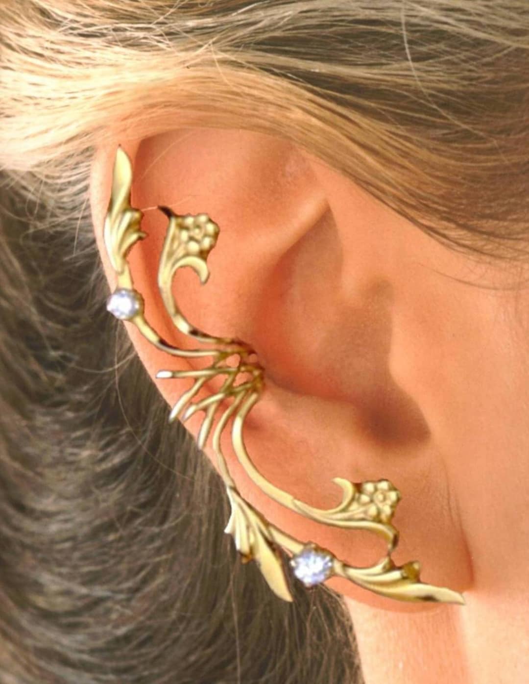Fleur De Lei..full Ear Cuff, Leaves, Flowers & Czs Solid 925 Sterling ...