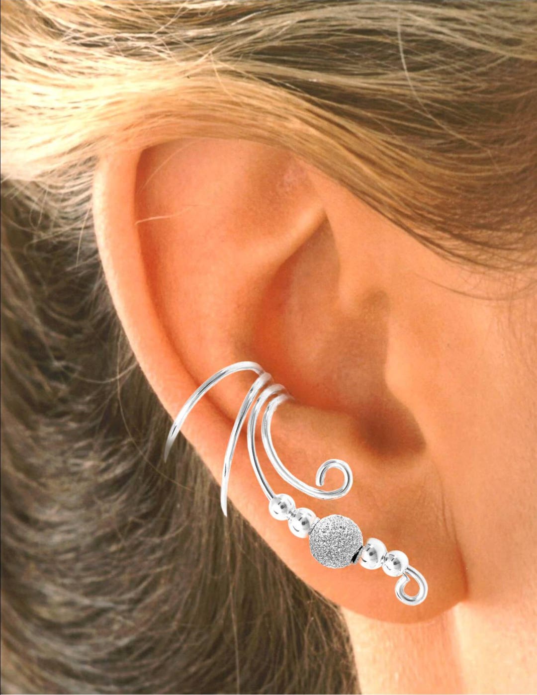 Sterling Silver Non-pierced Ear Cuff, Long Wave Laser Bead Earrings - Etsy