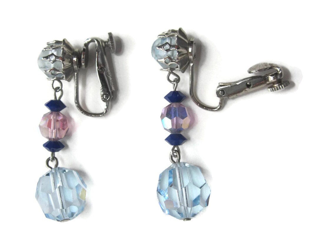 Vintage Coro Crystal Ball Clip Earrings: Blue Pink Rhinestones (E148 ...