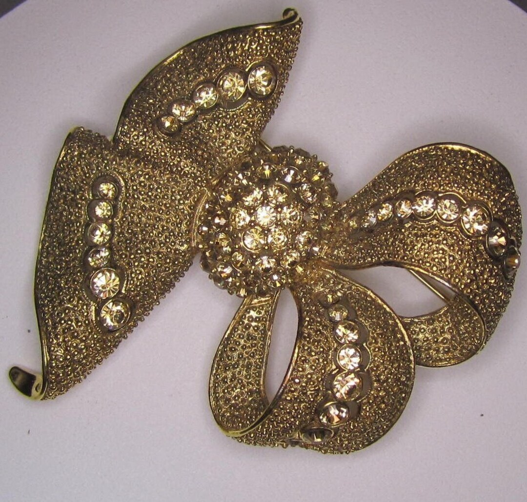 Joan Rivers Bow Brooch Amber and Clear Crystal Pave' Yellow Gold Tone ...