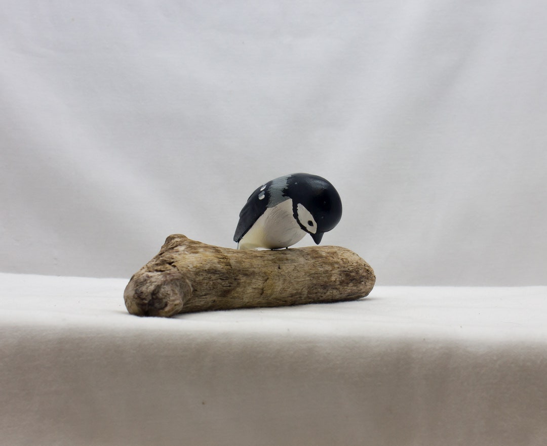 Nodding Chickadee Sitting. Handcrafted, Carved Wooden Bird, Painted ...