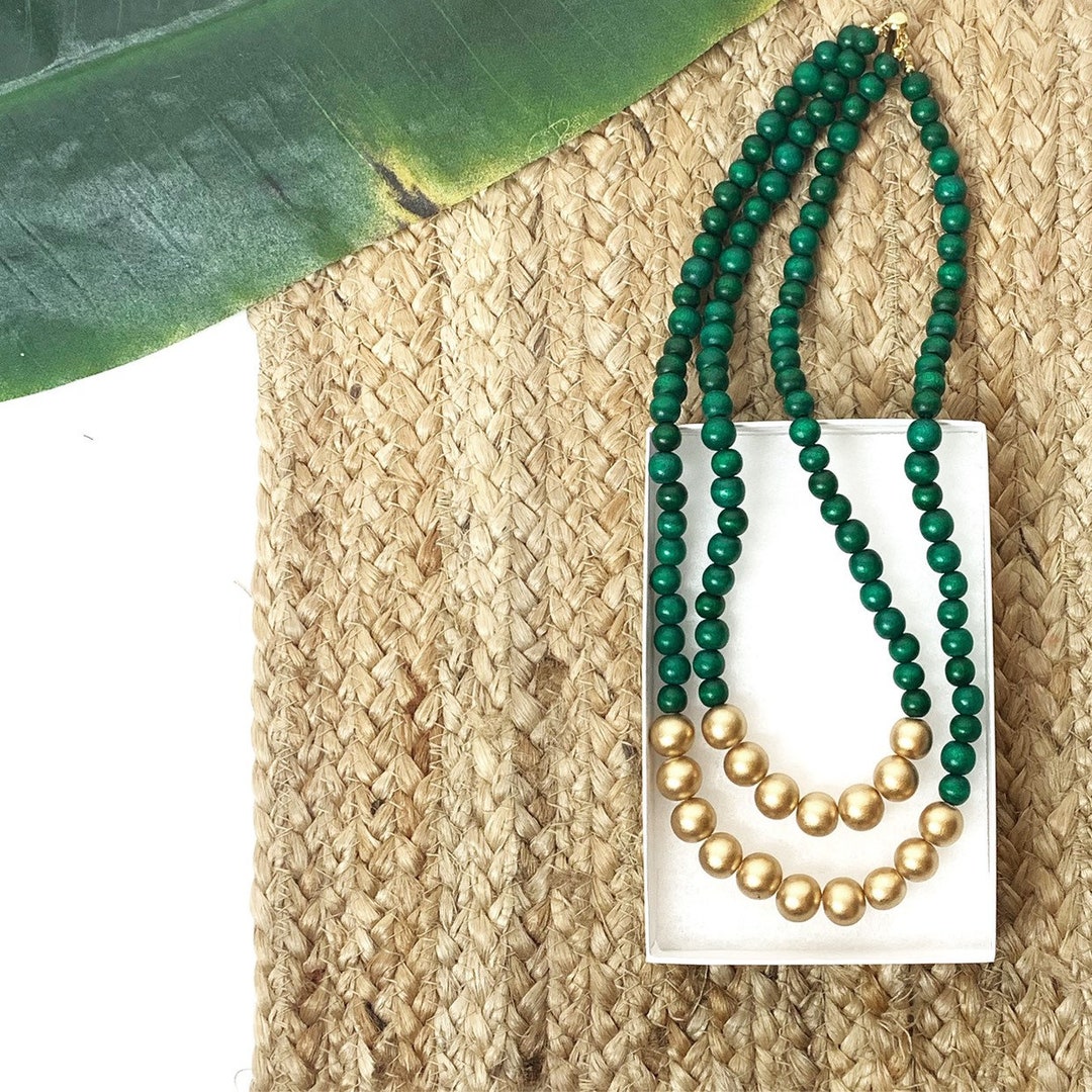 Green Beaded Necklace / Green Statement Necklace / Green and Gold ...