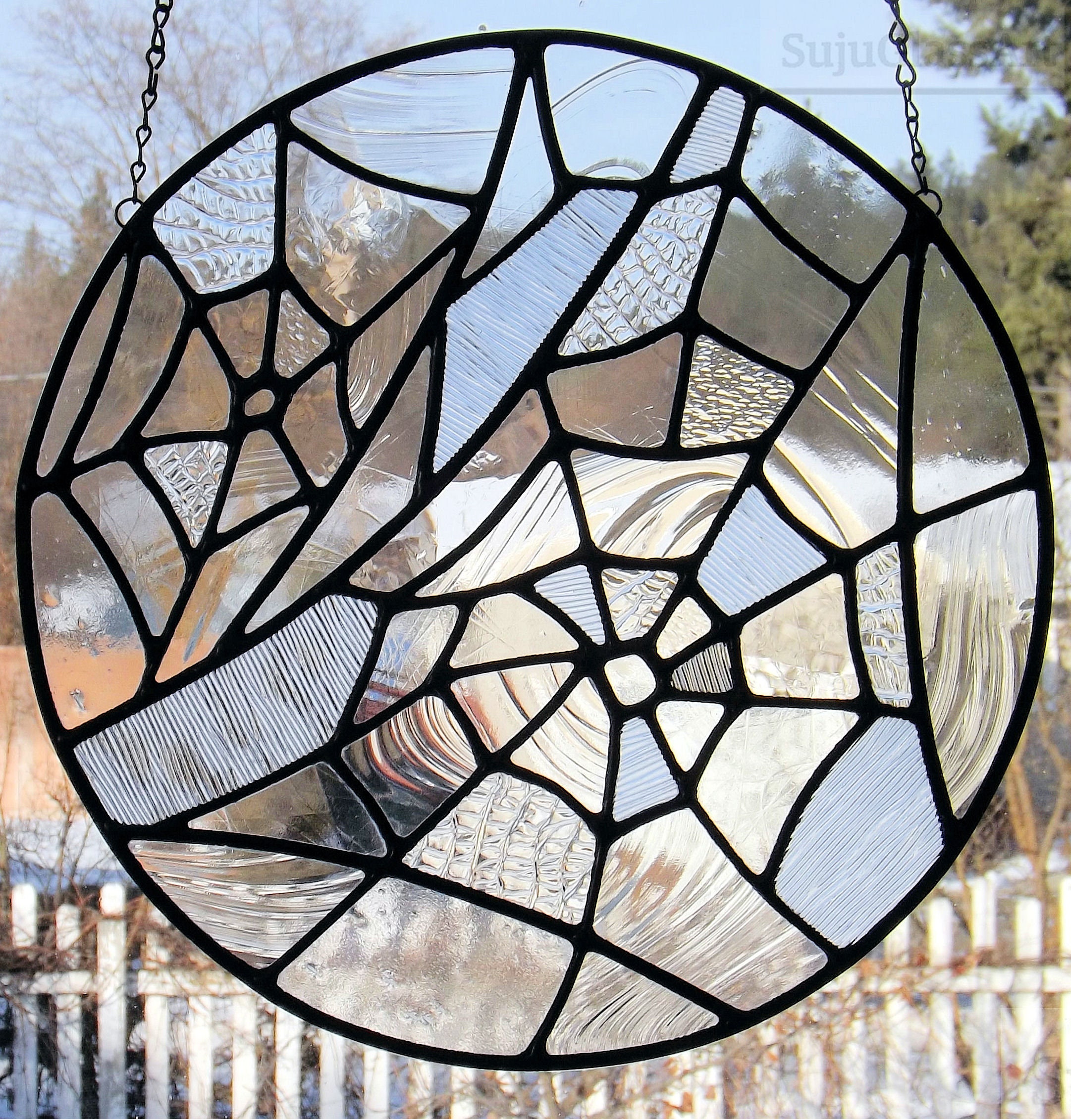 Double Spider Web Stained Glass Panel Circular Spider Web Textured Clear Glass Handmade Original