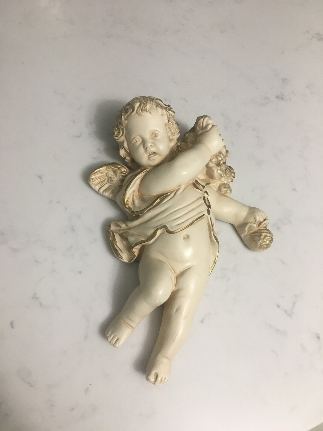 Vintage Chalkware Cherub Angel With Floral Garland, Vintage Plaster ...