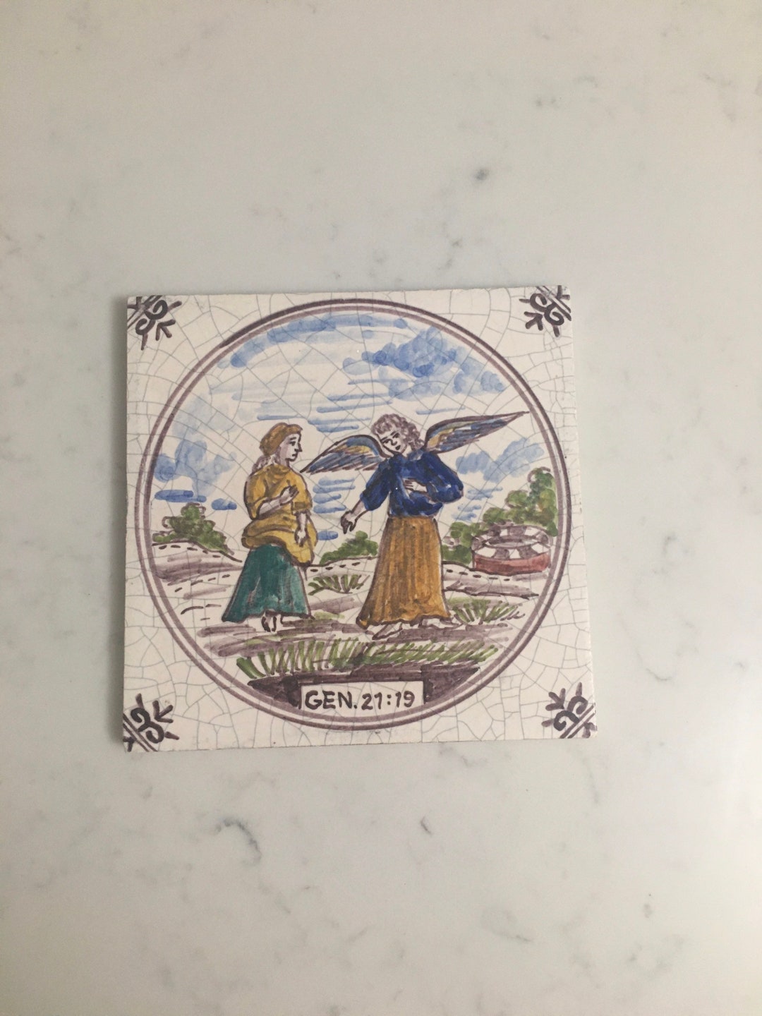 Vintage Dutch Tile With Angel, Vintage Handpainted Ceramic Dutch Tile ...