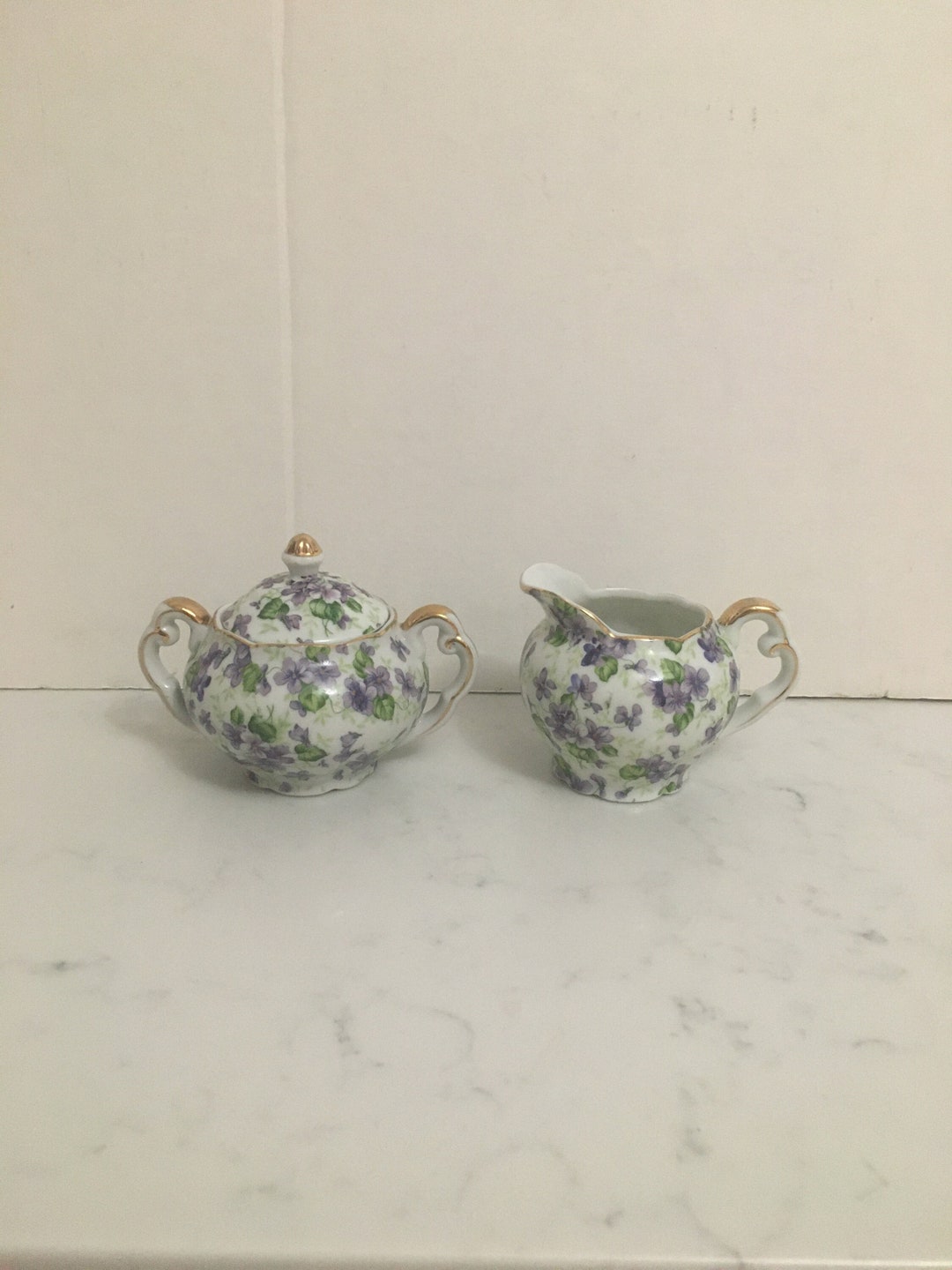 Vintage Lefton Violet Chintz Sugar Bowl and Cream Pitcher, Vintage ...