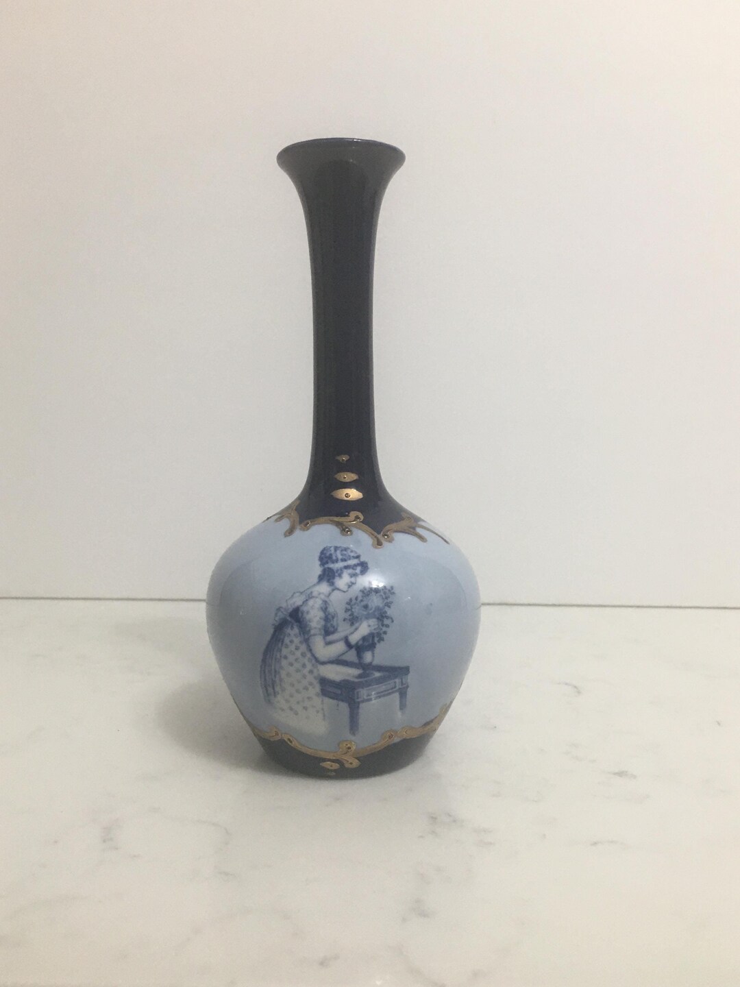 Antique Porcelain Flow Blue Vase With Hand Painted Woman With Flower ...