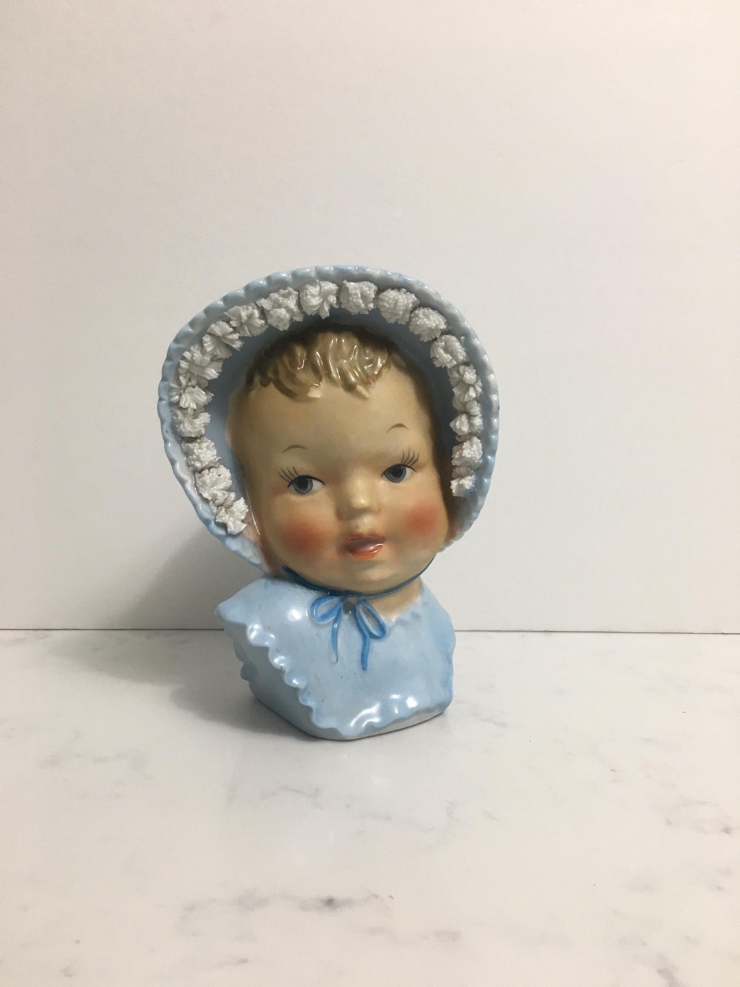 Vintage Porcelain Head Vase Baby With Blue Bonnet, Vintage Nursery Vase ...