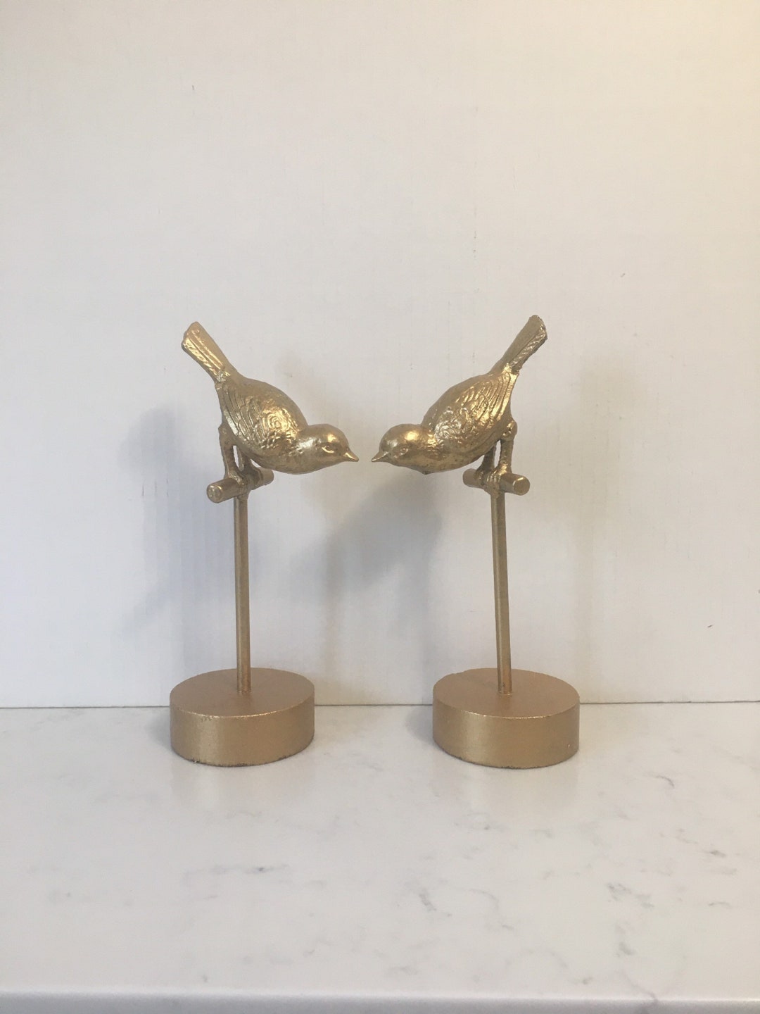 PAIR of Gold Gilt Metal Bird Statues, Gold Songbirds on Perch Figurines ...