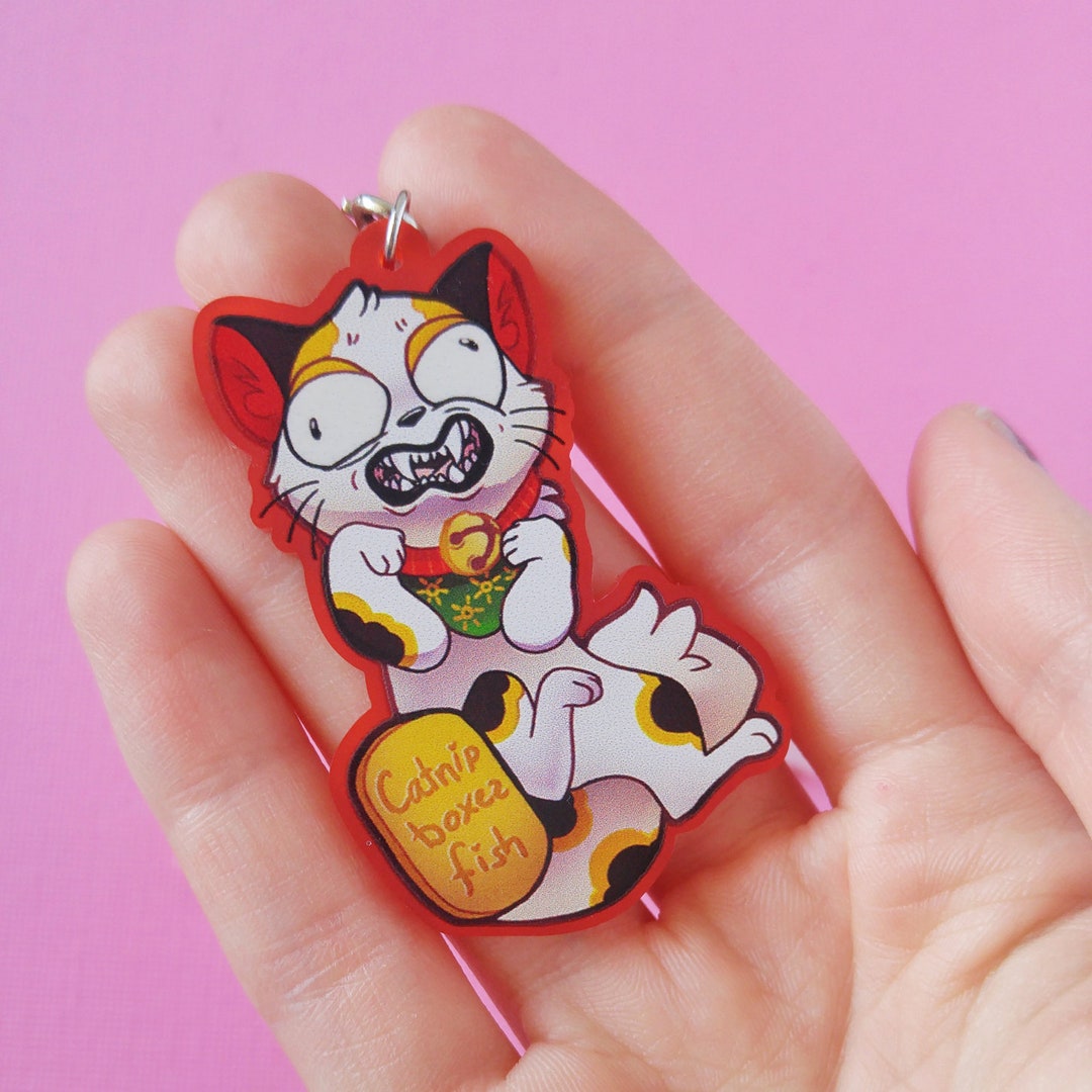 Lucky Cat Keychain, Acrylic Charm With Silly Cat on Catnip, Phone Strap ...